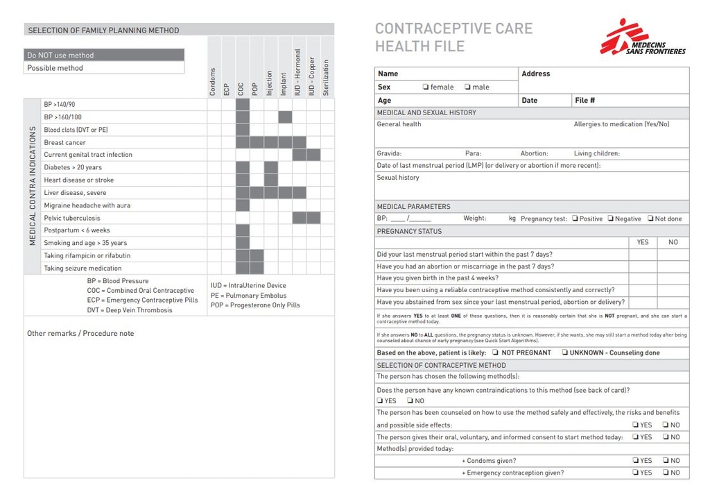 CONTRACEPTIVE CARE HEALTH FILE, English, A4 recto/verso | Unicat