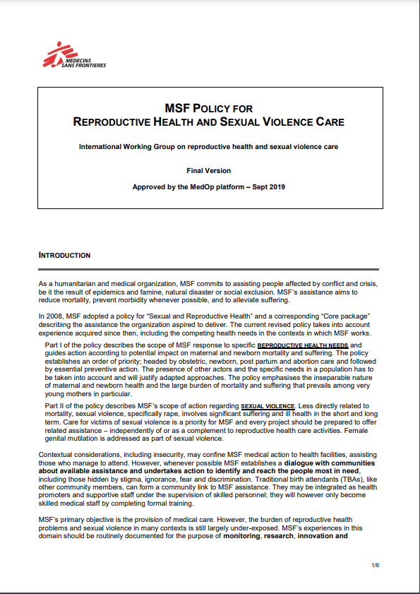 MSF Policy for Reproductive Health and Sexual Violence Care | Unicat