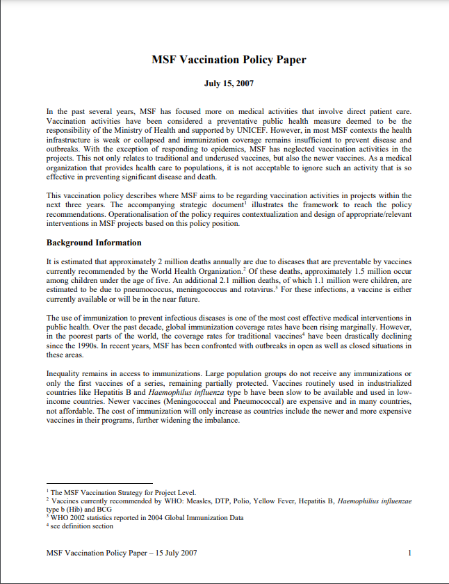 MSF Vaccination Policy | Unicat