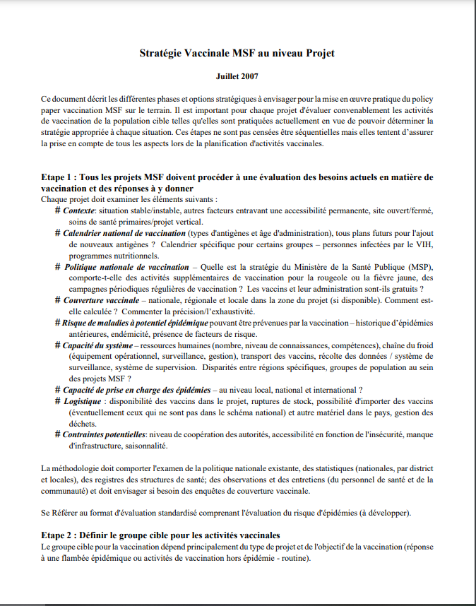 Stratégie Vaccinale MSF au niveau Projet | Unicat