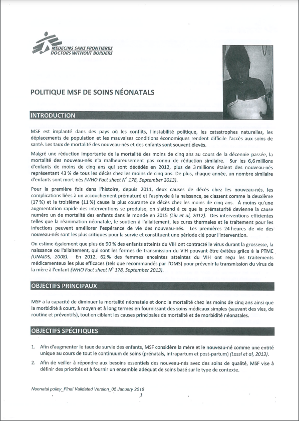 Politique MSF de soins néonatals | Unicat